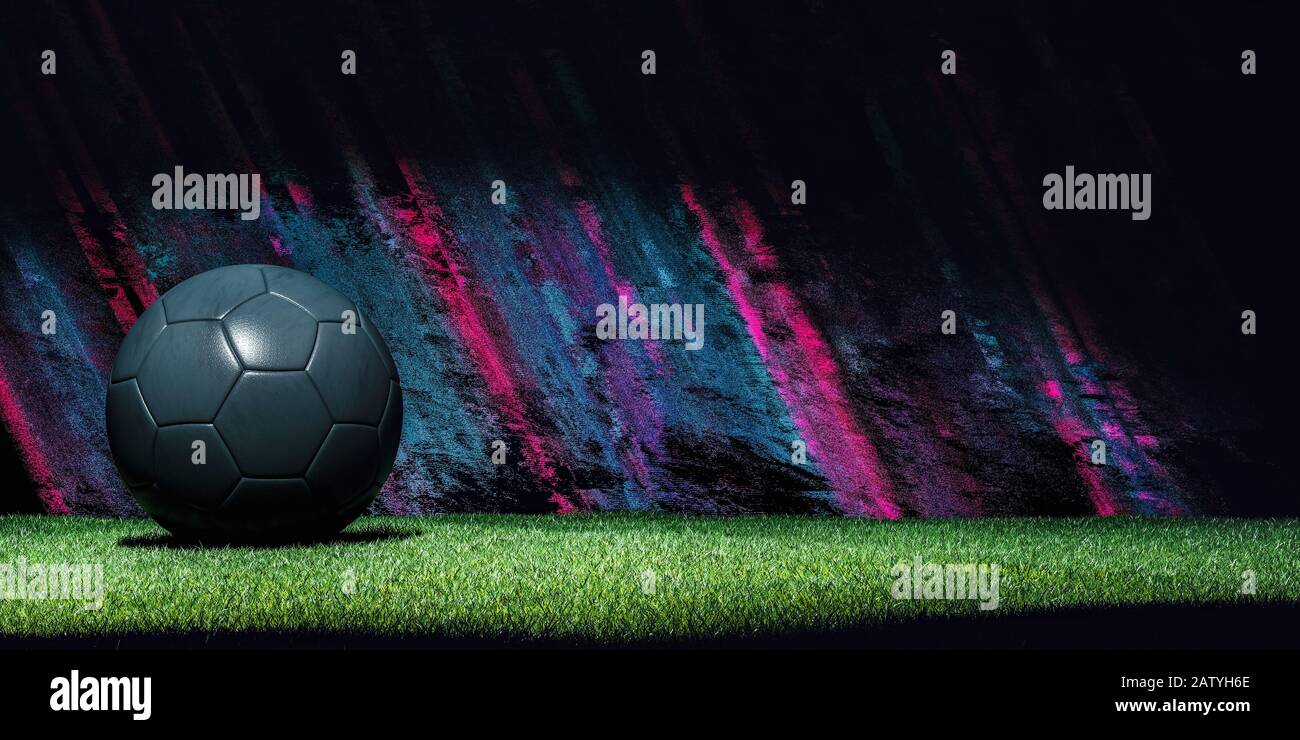 Panorama banner of a soccer ball or football on a sports field against ...