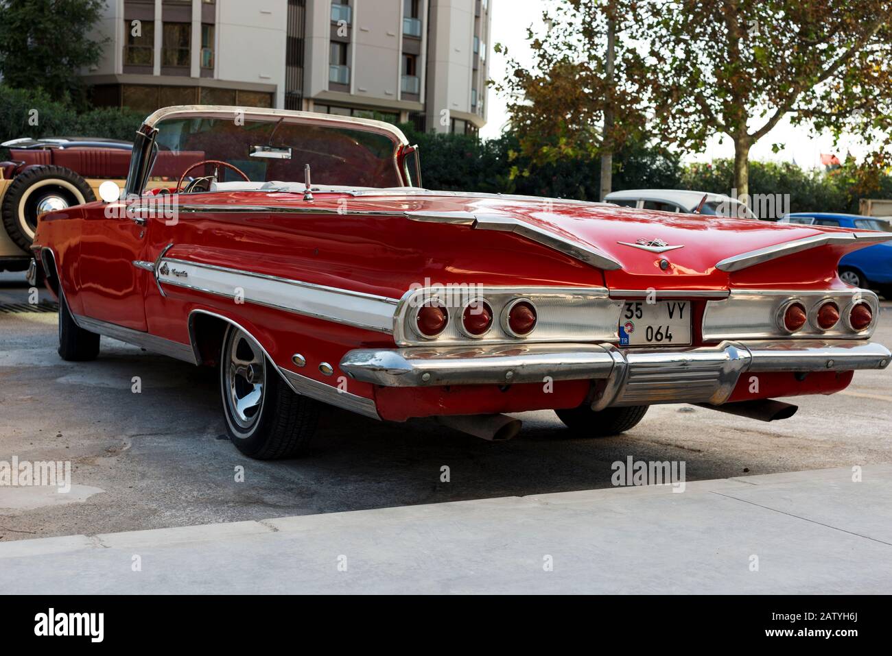 Izmir, Turkey - September 23, 2018: Rear view of a red colored 1960 ...