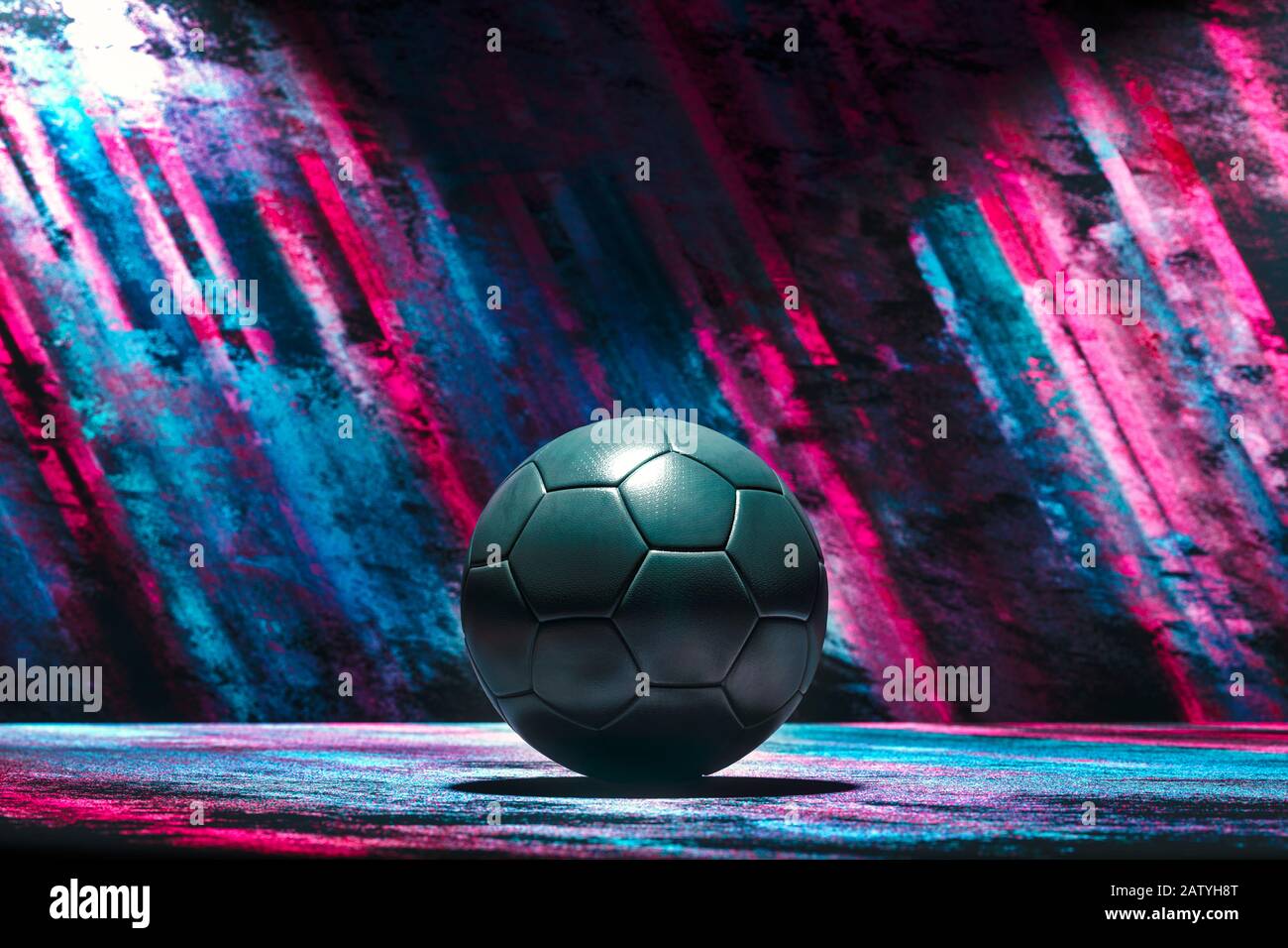 Colorful artistic design for a dark grey football centered on a field ...
