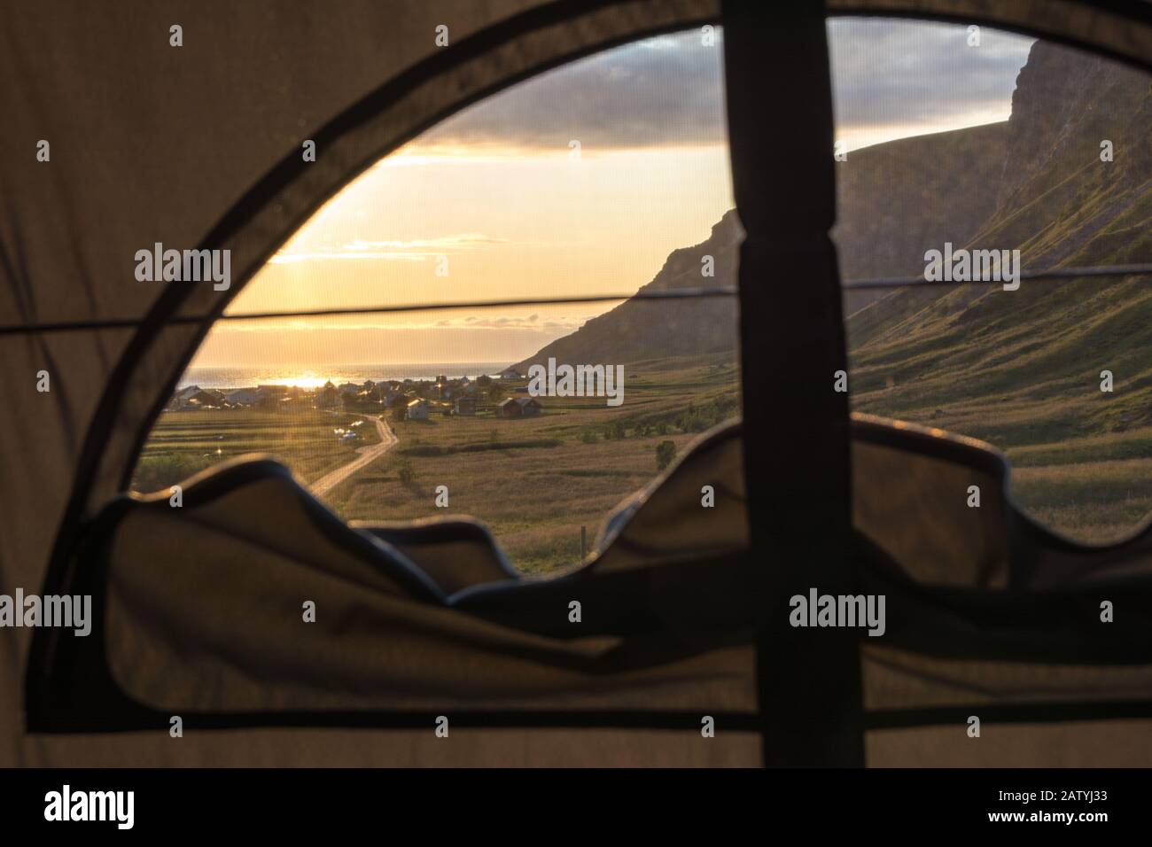 View from a roof top tent on surfer paradise Unstad on Lofoten Islands ...