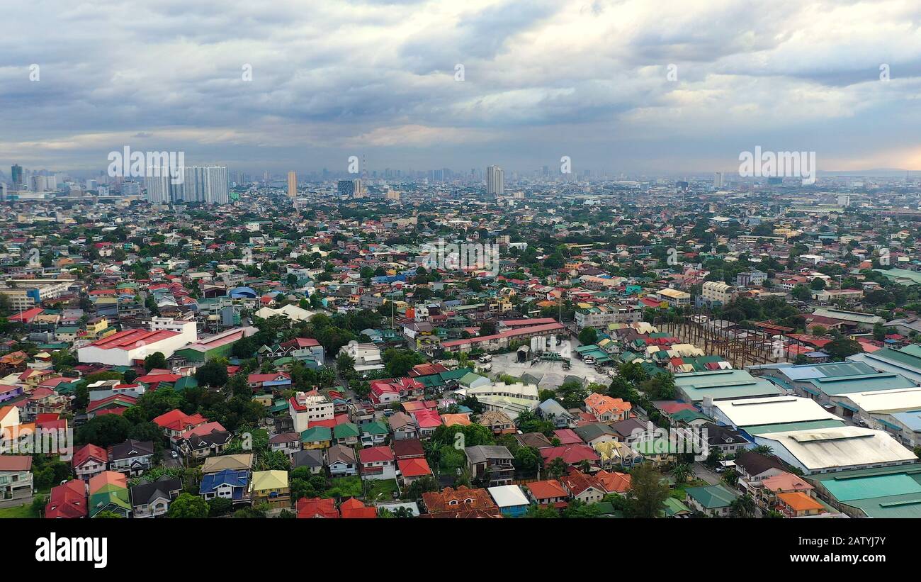 Aerial view of Panorama of Manila city. Skyscrapers and business ...