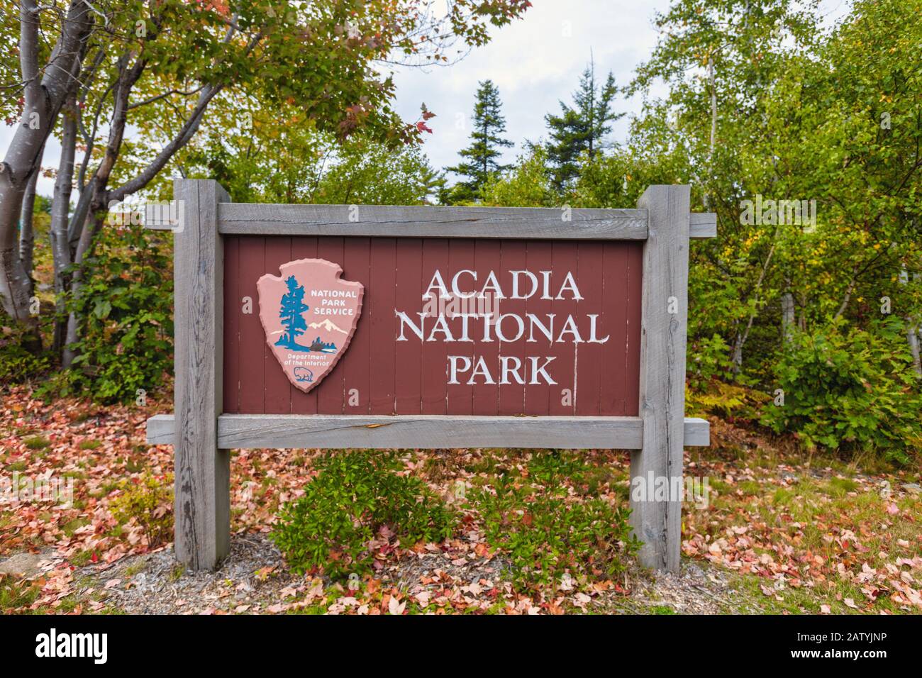 Acadia National Park Sign on Mount Desert Island, Maine Stock Photo - Alamy