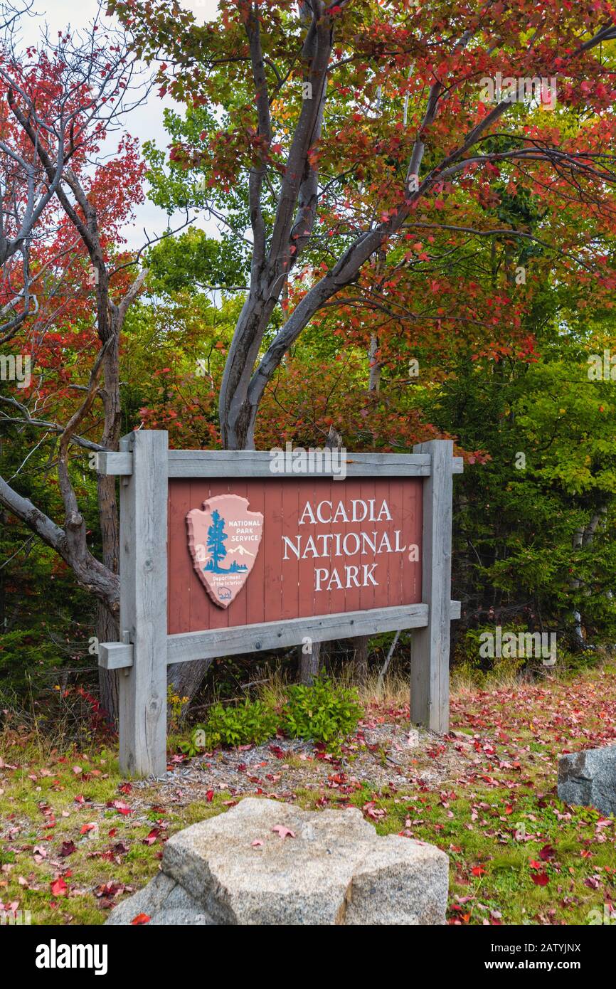 Acadia National Park Sign on Mount Desert Island, Maine Stock Photo - Alamy