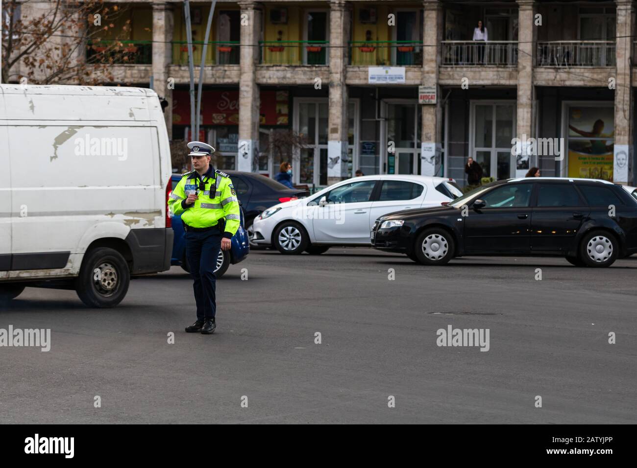 Police agent, Romanian Traffic Police (Politia Rutiera) directing ...