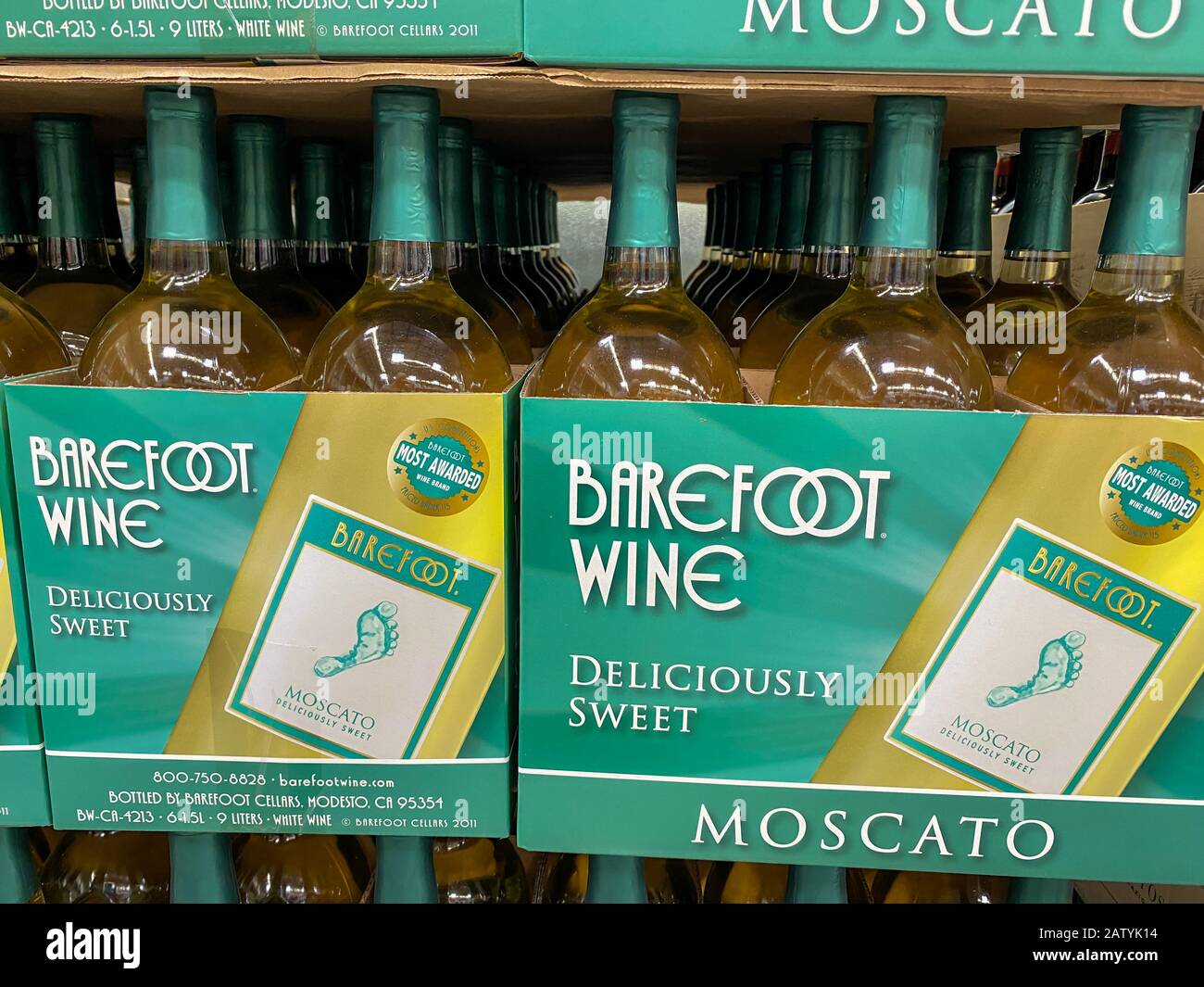 Orlando, FL/USA-2/4/20: Cases of bottles of Moscato Barefoot Wine is ...