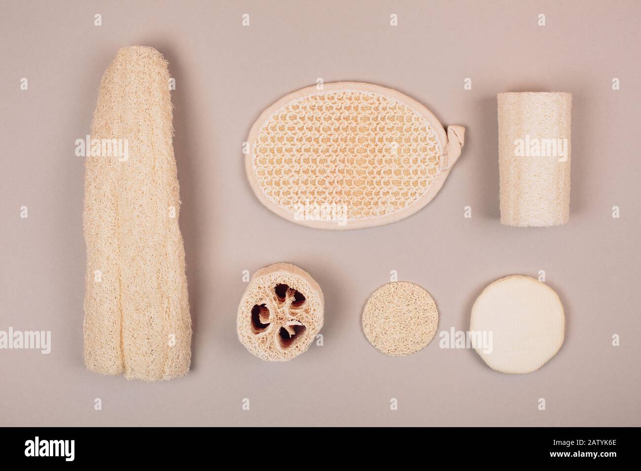 Different zero waste luffa sponge. Concept of eco friendly supplies for ...