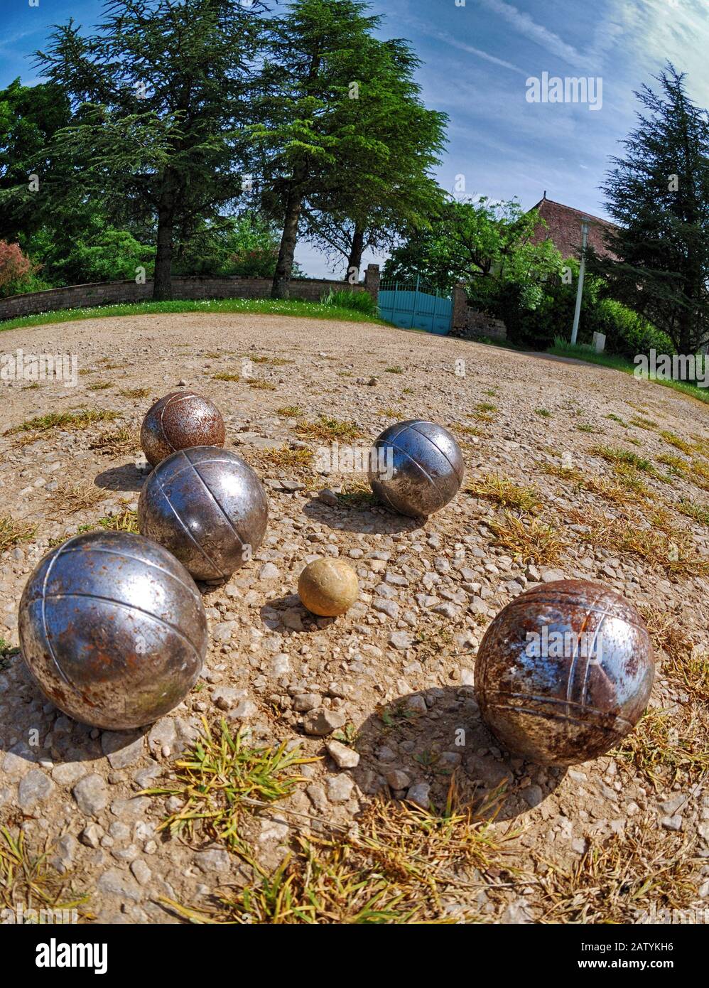 Set of old rusty "boules" - french petanque game Stock Photo - Alamy
