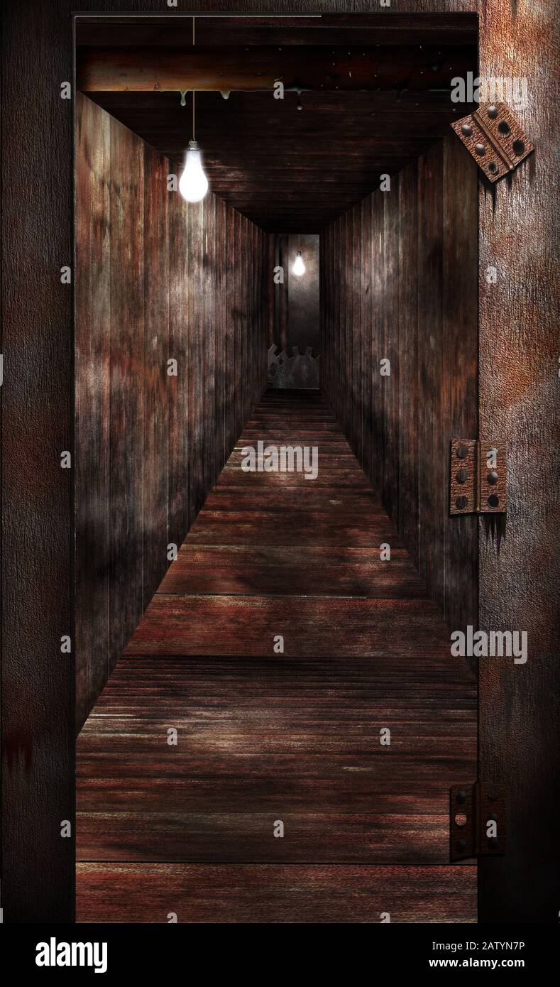 Scary corridor with light bulbs and cogwheels Stock Photo - Alamy