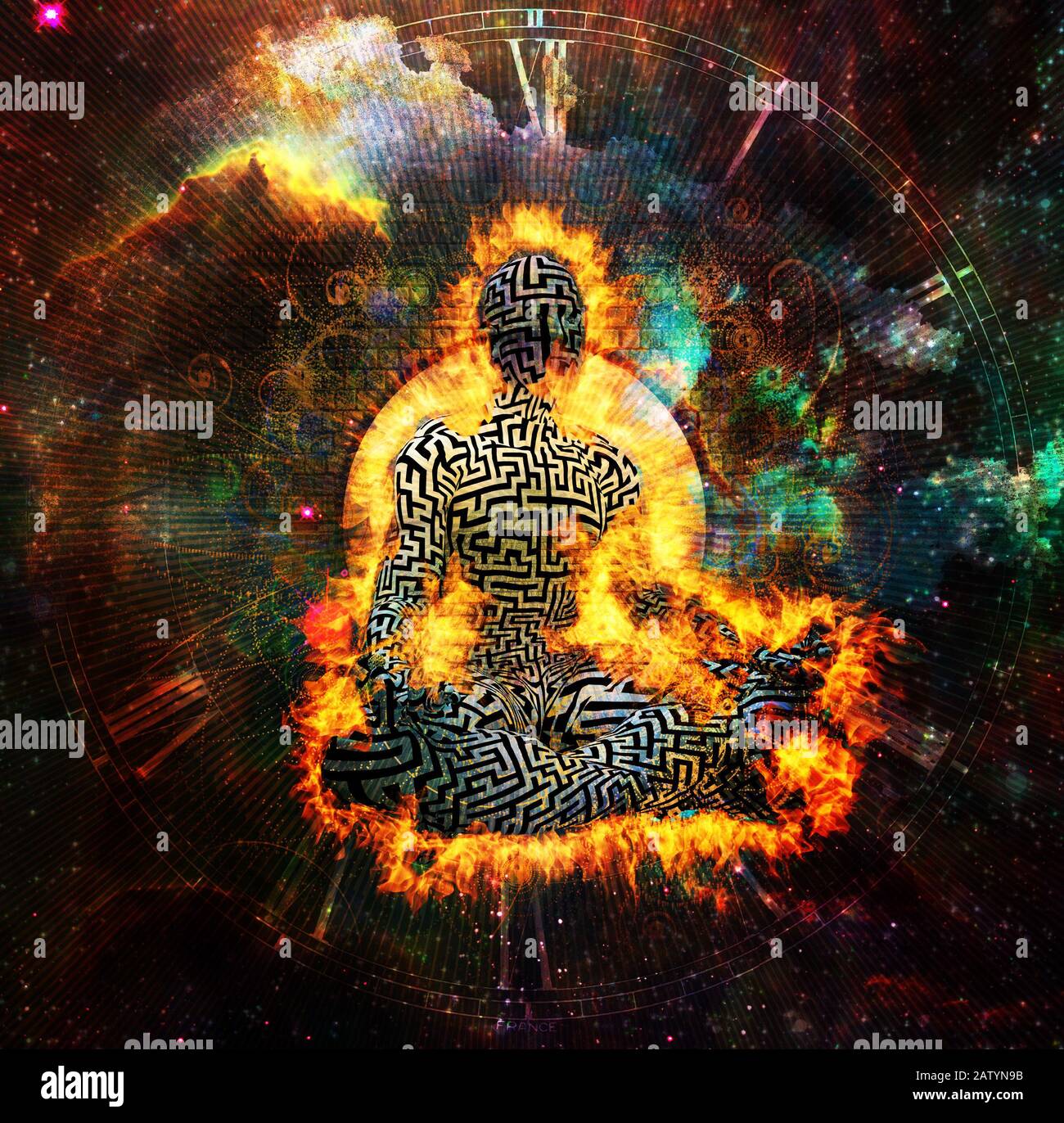 Burning man with maze pattern meditate in lotus pose. Clock face and ...