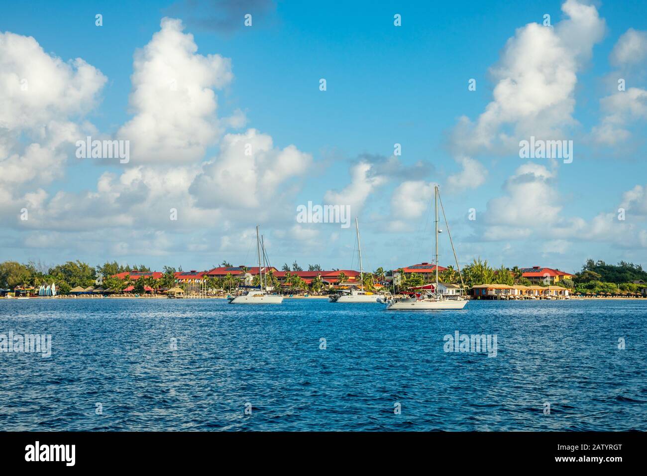 Offshore view of Rodney bay with yachts anchored in the lagoon and rich ...