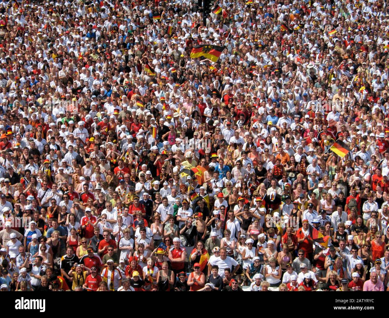 High shot of crowd in fan zone in Berlin at the 2006 Football World Cup ...
