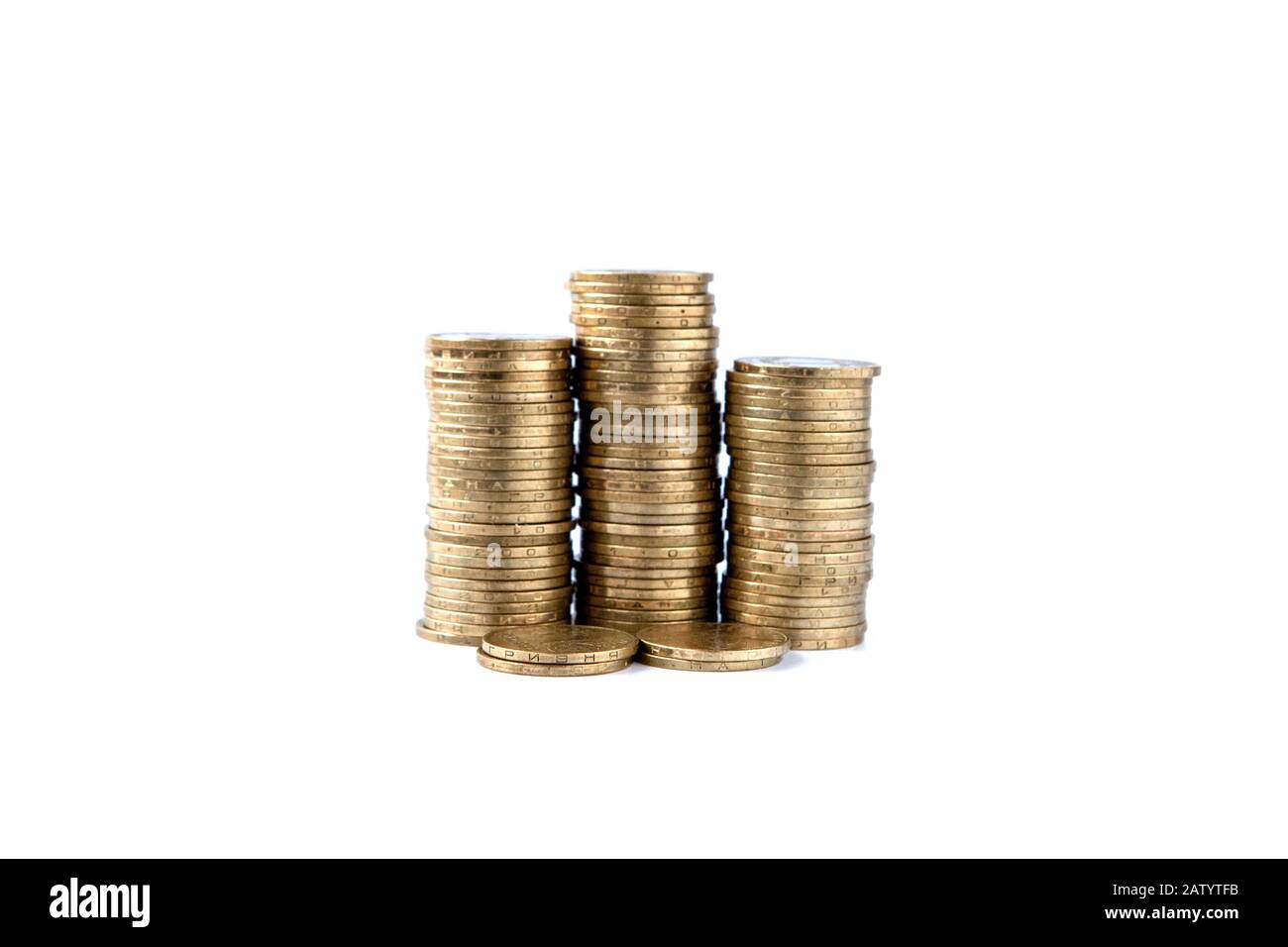 Stack of golden coins isolated on white background Stock Photo - Alamy
