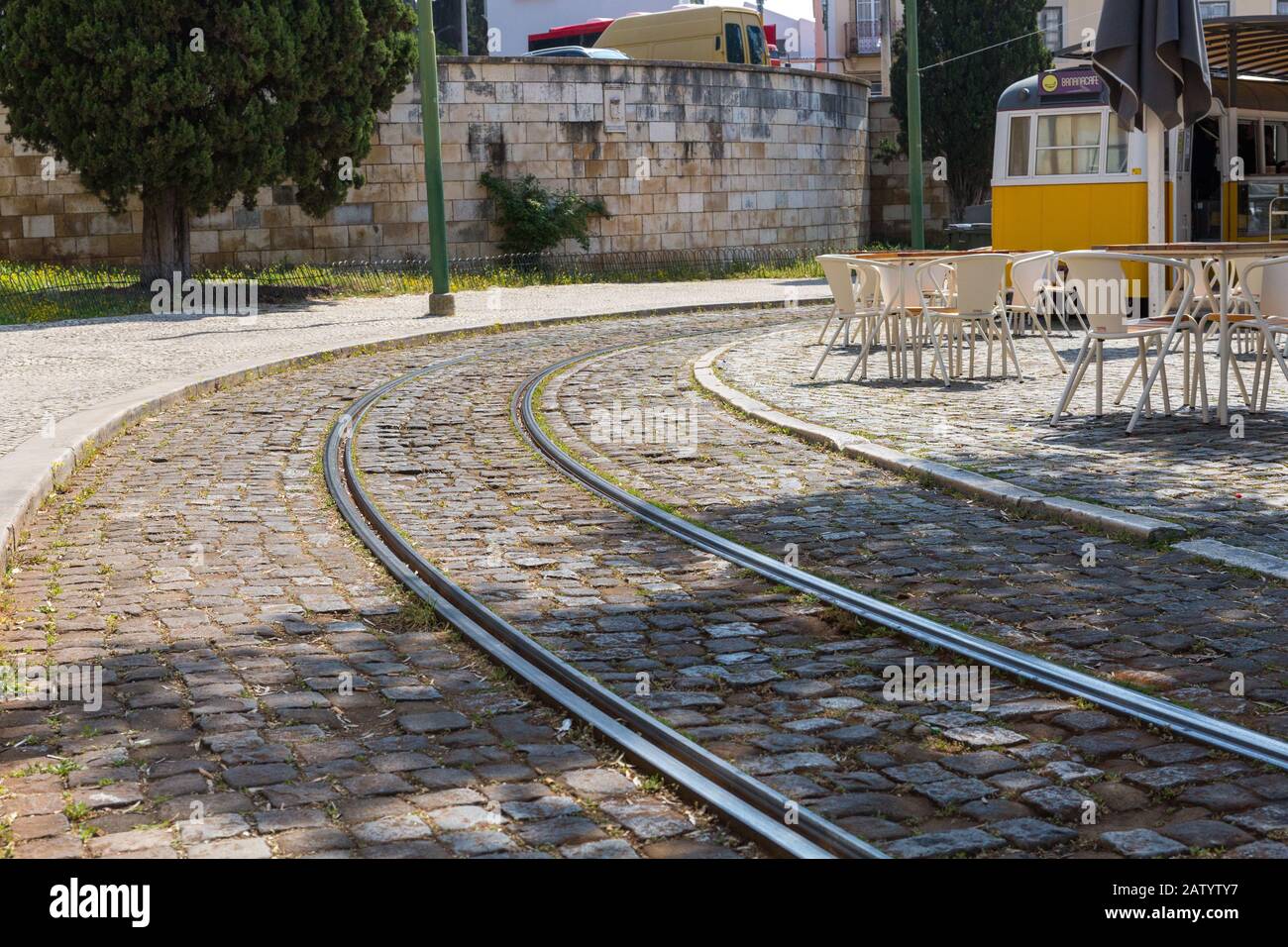 Low angle view of tram lines Stock Photo - Alamy
