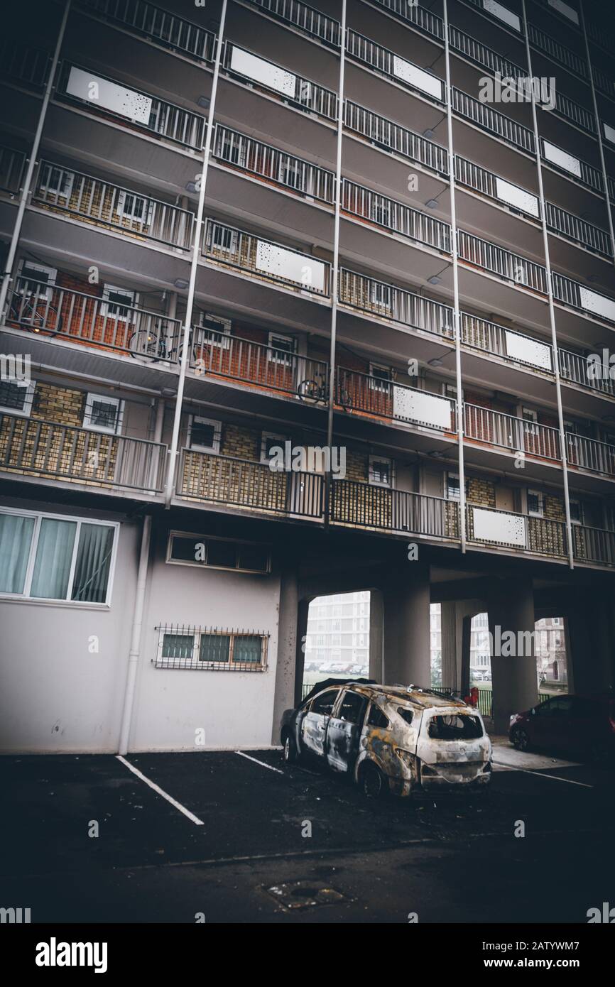 Strasbourg, France - Jan 1, 2020: Rear view of burnt car as Vandals ...