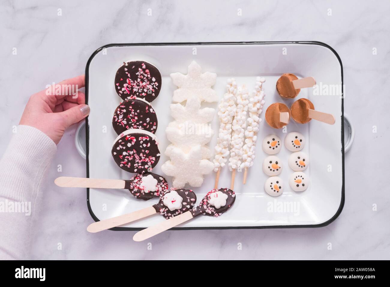 Flat lay. Variety of marshmallow toppings for hot chocolate and cocoa ...