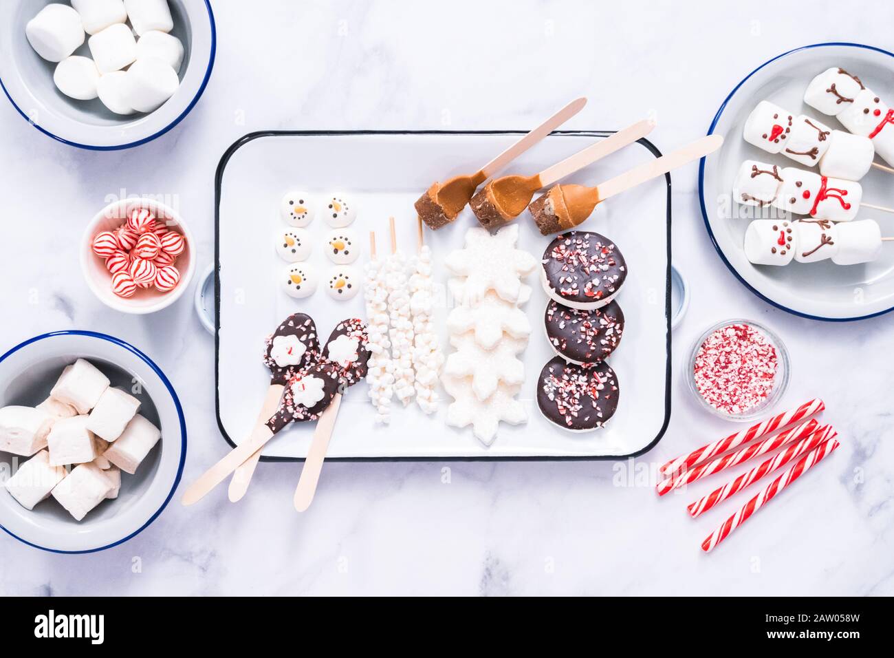 Flat lay. Variety of marshmallow toppings with peppermint and chocolate ...