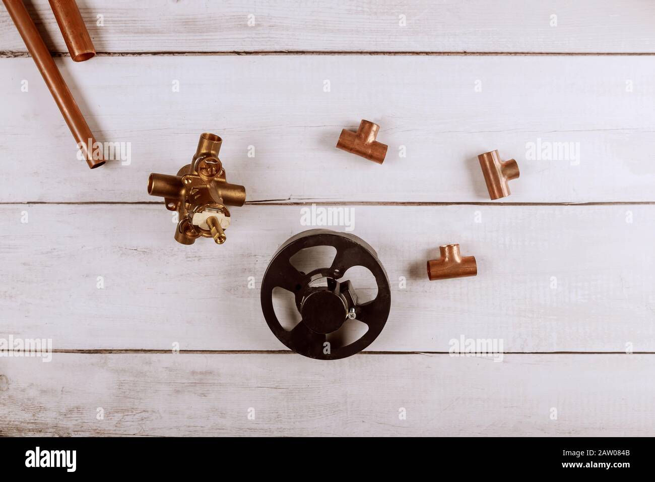 Detail of shower mixer tap mixer with pipe connections installed in ...
