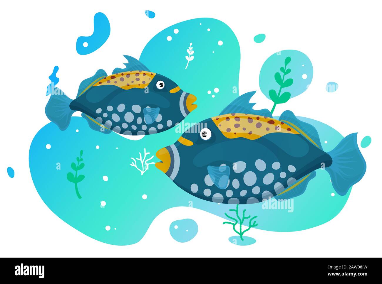 Two cute tropical fish in the sea. Brightly-coloured ocean fish ...