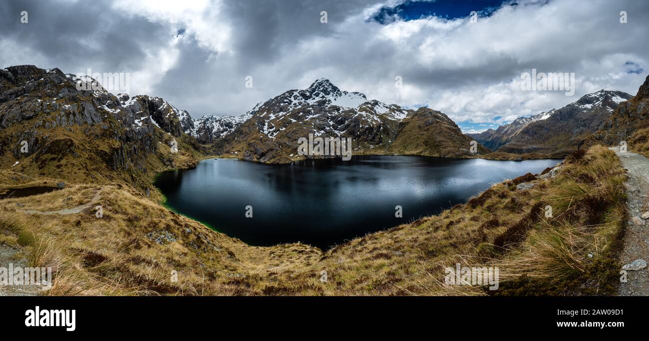 A panormaic view of Lake Harris at the top of the Harris Saddle on the ...