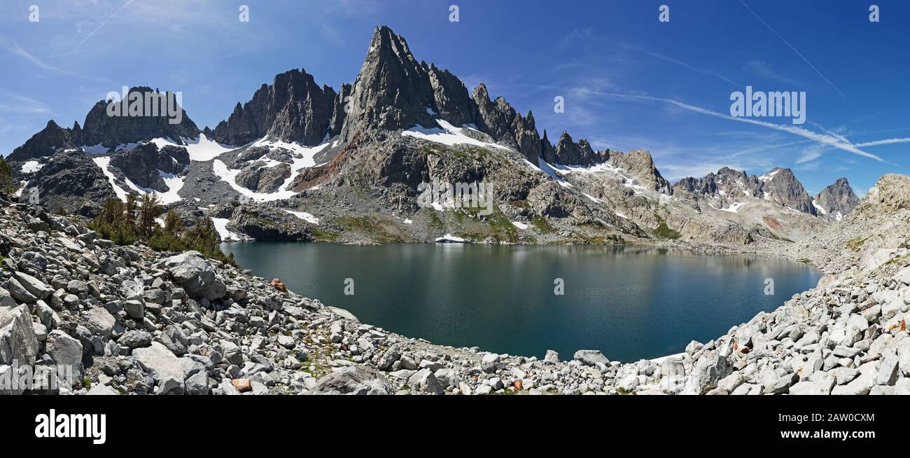 panorama of Lake Cecile and Clyde Minaret in the Ansel Adams Wilderness ...
