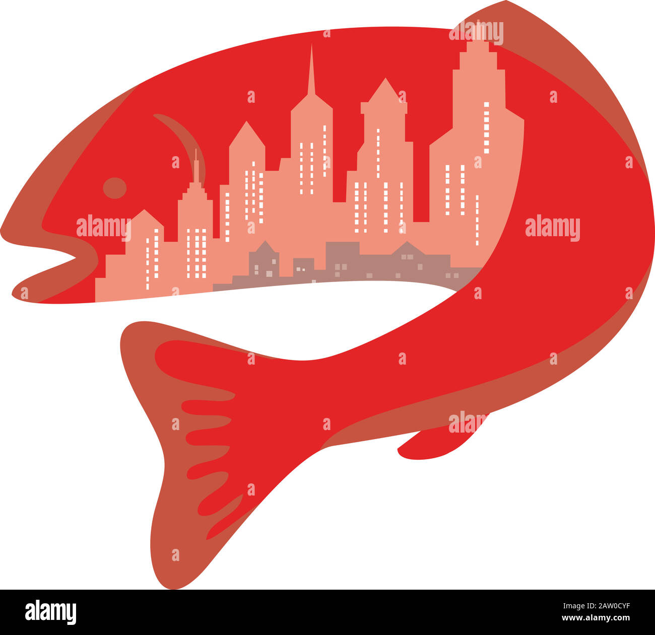 Icon retro style illustration of trout or salmon fish with urban or ...