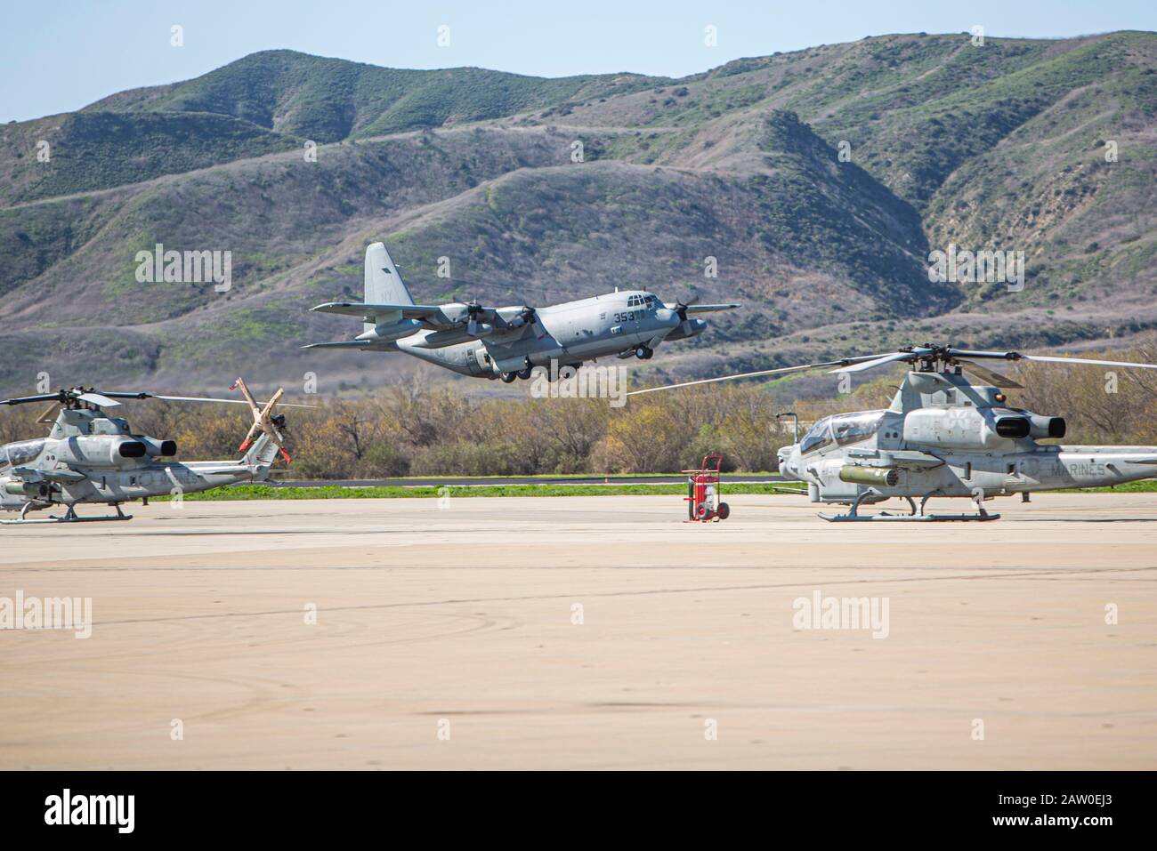 A KC-130J Hercules takes off from Marine Corps Air Station Camp ...