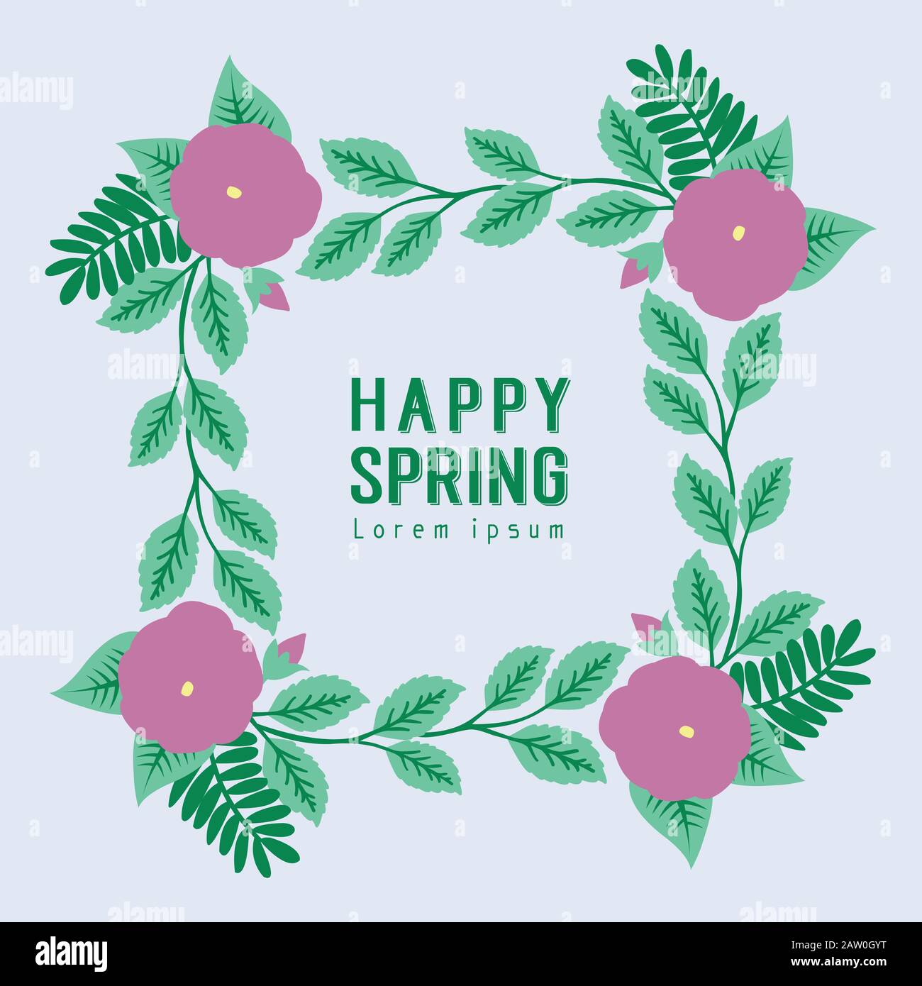 Modern shape of leaf and pink rose flower frame, for happy spring ...