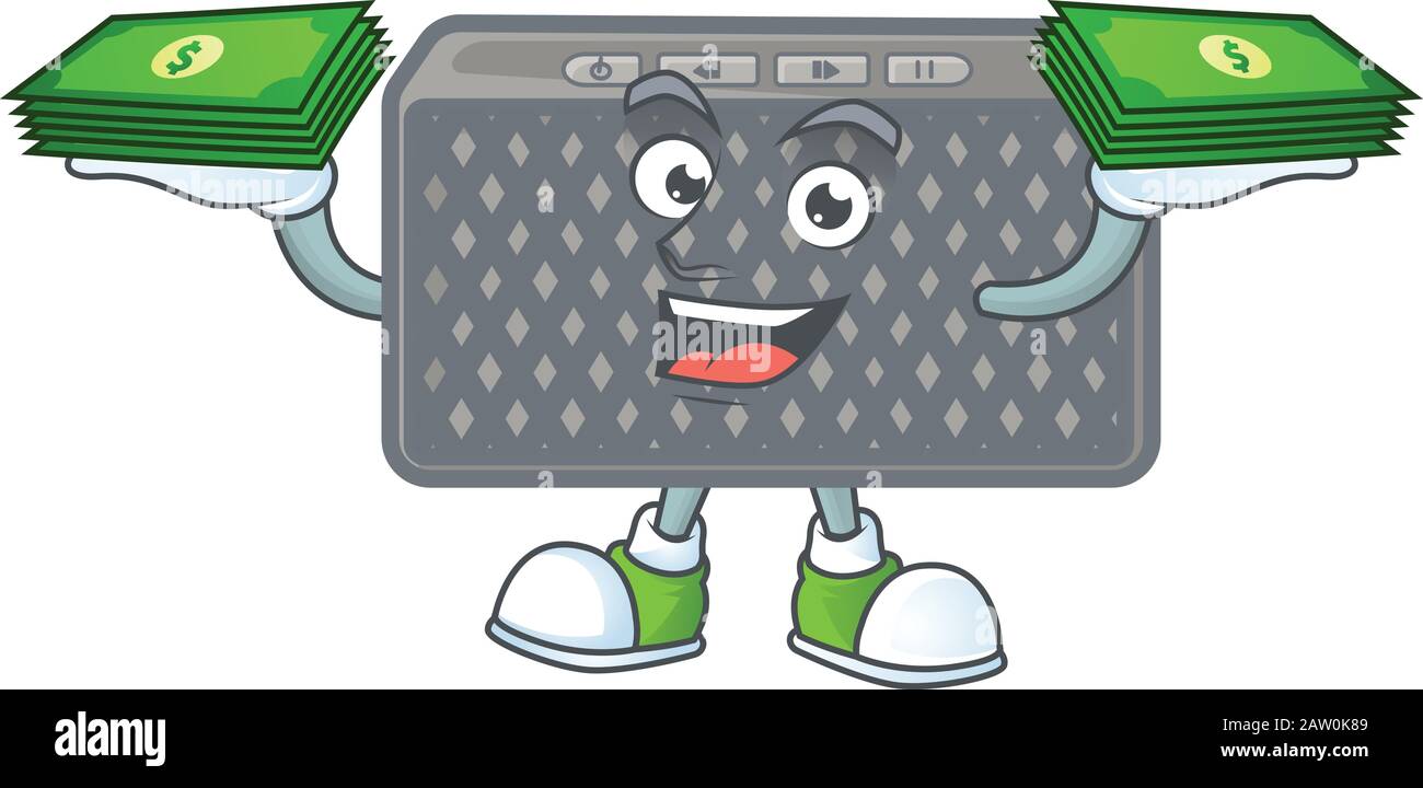 rich and famous wireless speaker cartoon character with money on hands ...