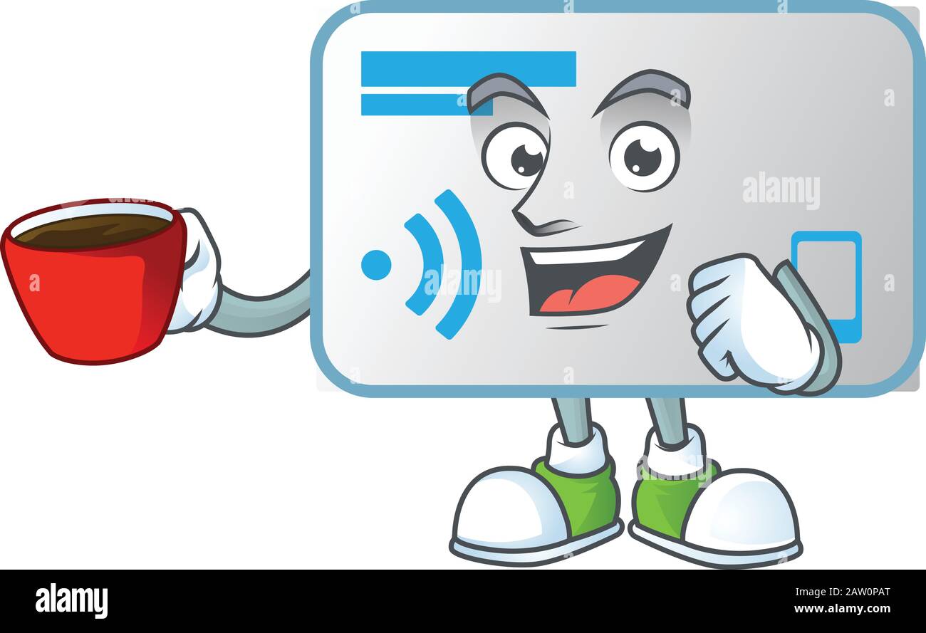 Cool NFC card cartoon character with a cup of coffee Stock Vector Image ...