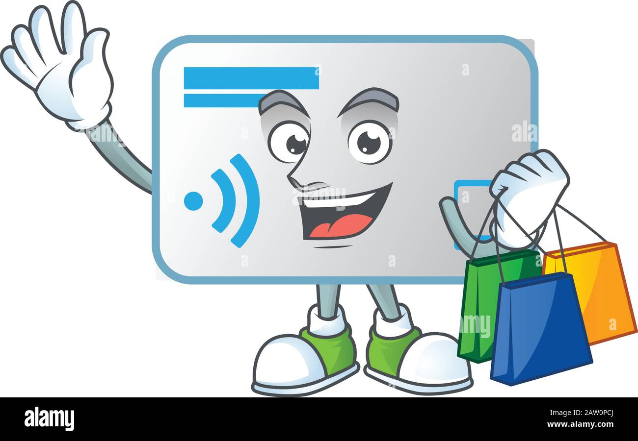 A rich NFC card cartoon design waving and holding Shopping bag Stock ...