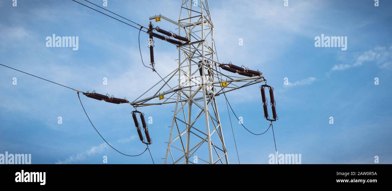 High voltage electric pole with wires. Line of electricity ...