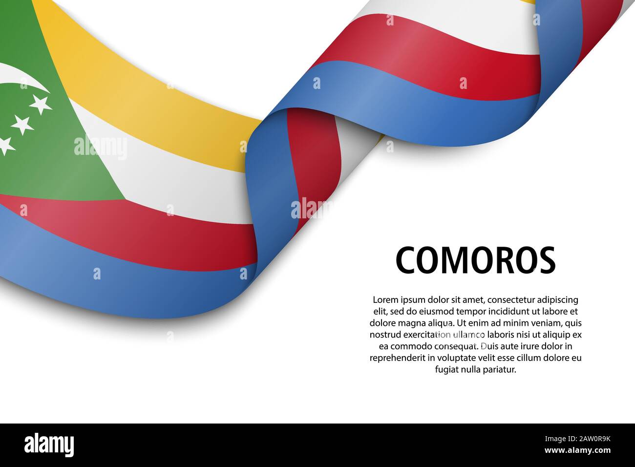 Waving ribbon or banner with flag of Comoros. Template for independence ...