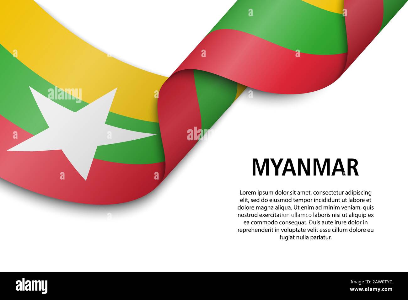 Waving ribbon or banner with flag of Myanmar. Template for independence ...