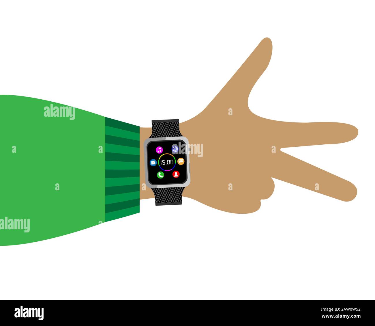 Color poster with the image of a smart watch on the hand of a teenager ...