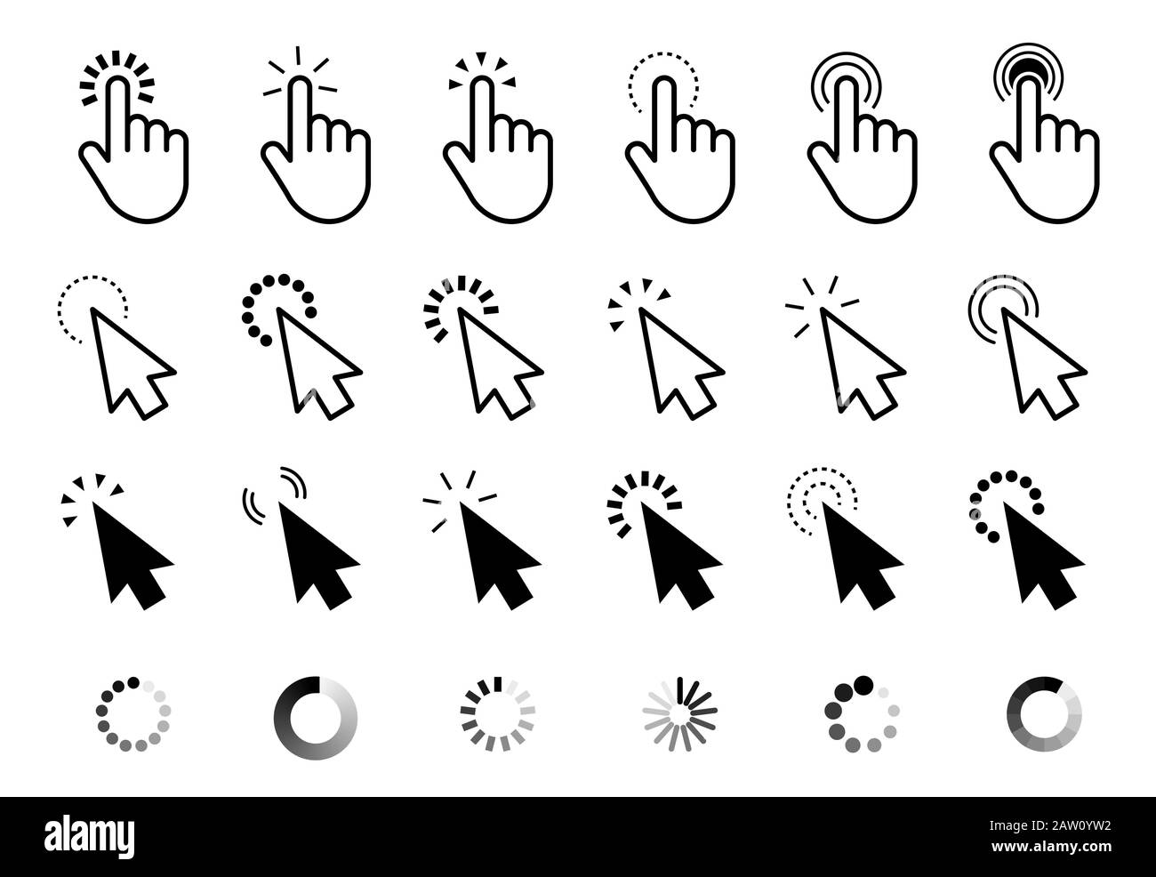 Click Cursor Set Computer Pointer Hand And Arrow Icon Press Pick Action Element Vector Web