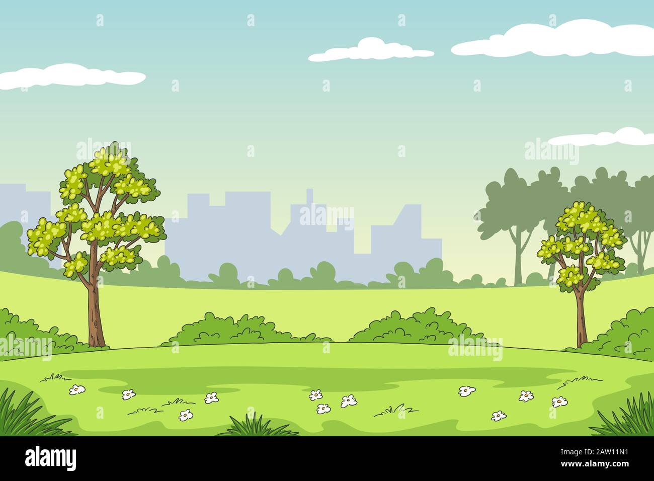 Cartoon summer landscape with trees and flowers. Hand drawn vector ...