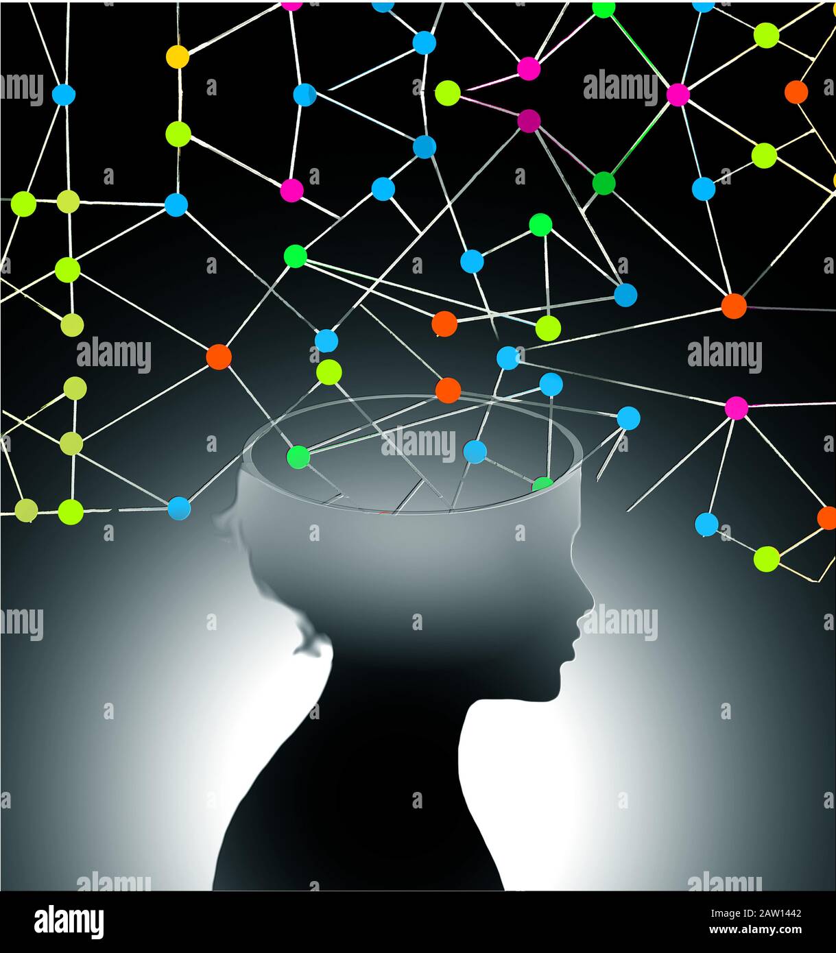 concept image of a molecular structure coming out of a woman's head ...