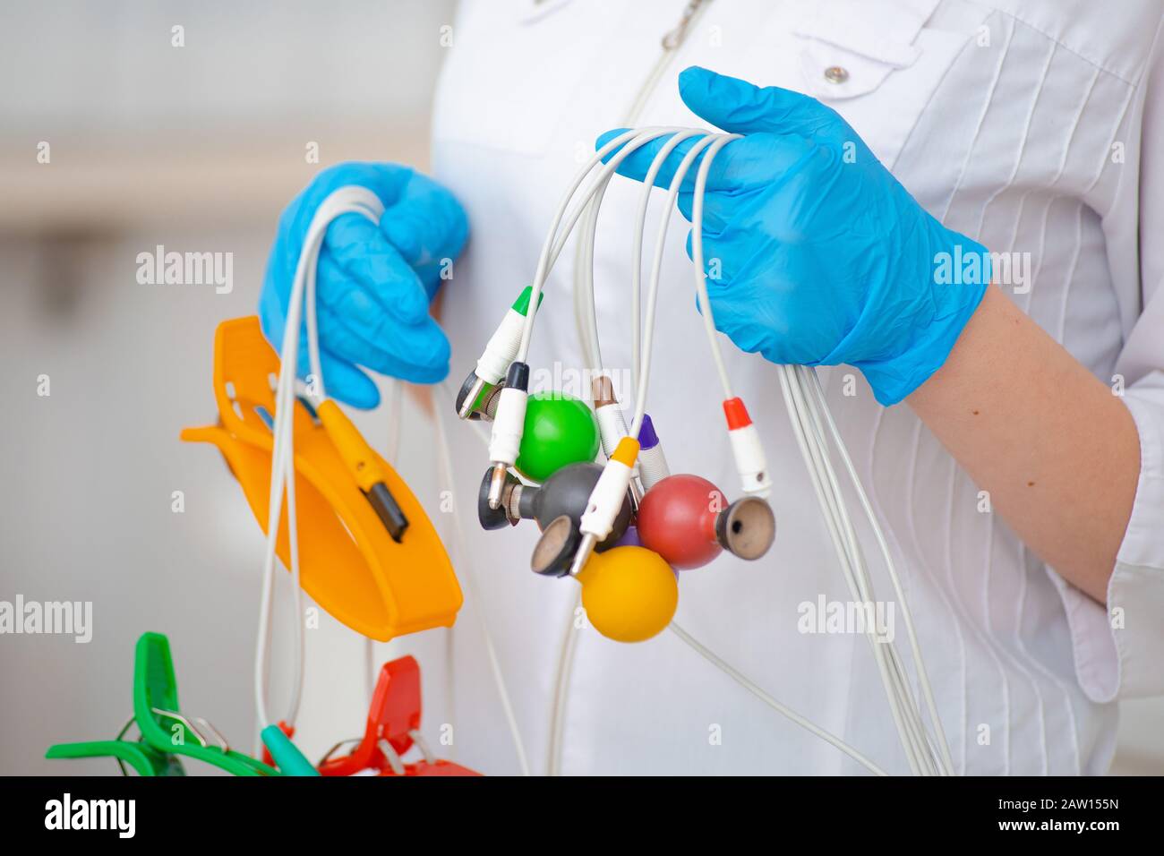 Cardiogram of the heart. Multicolored electronic sensors of an ...