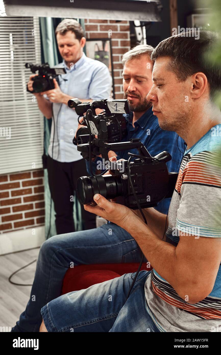 Video production backstage. Behind the scenes of creating video content ...