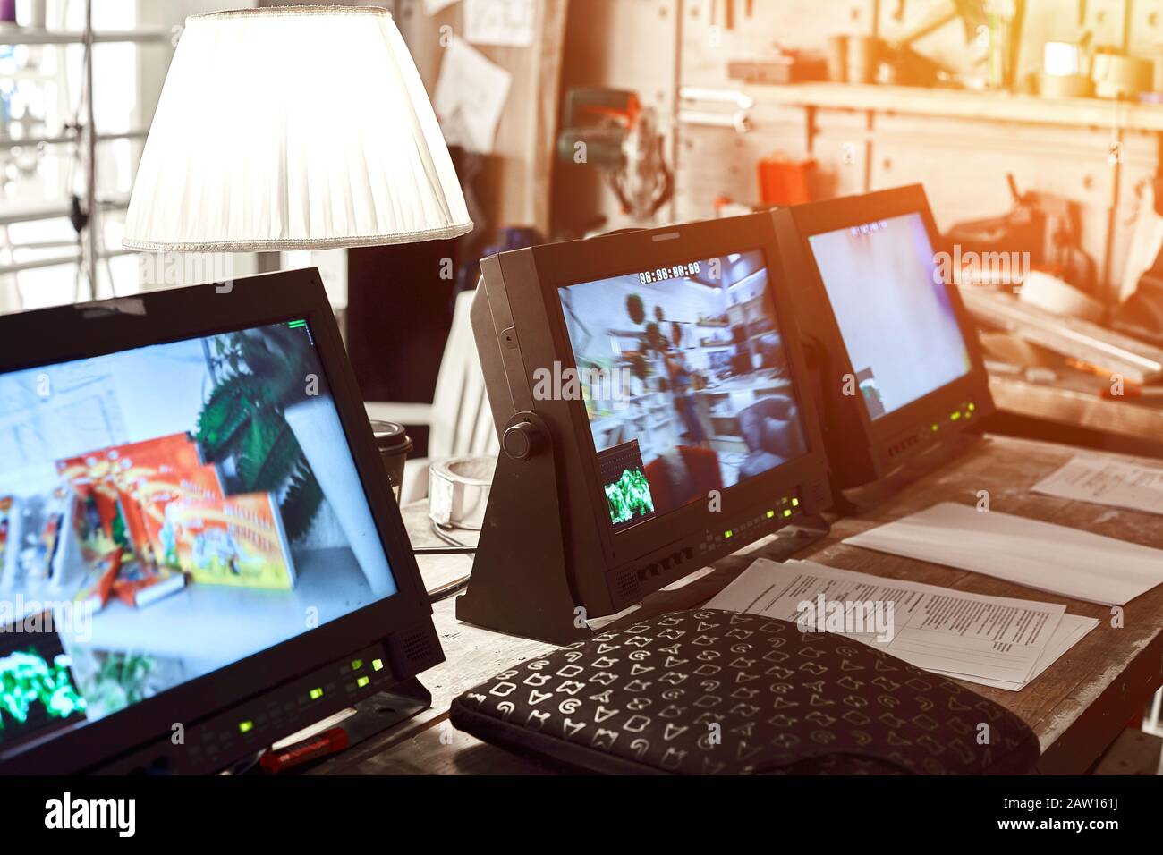 Video production backstage. Behind the scenes of creating video content ...