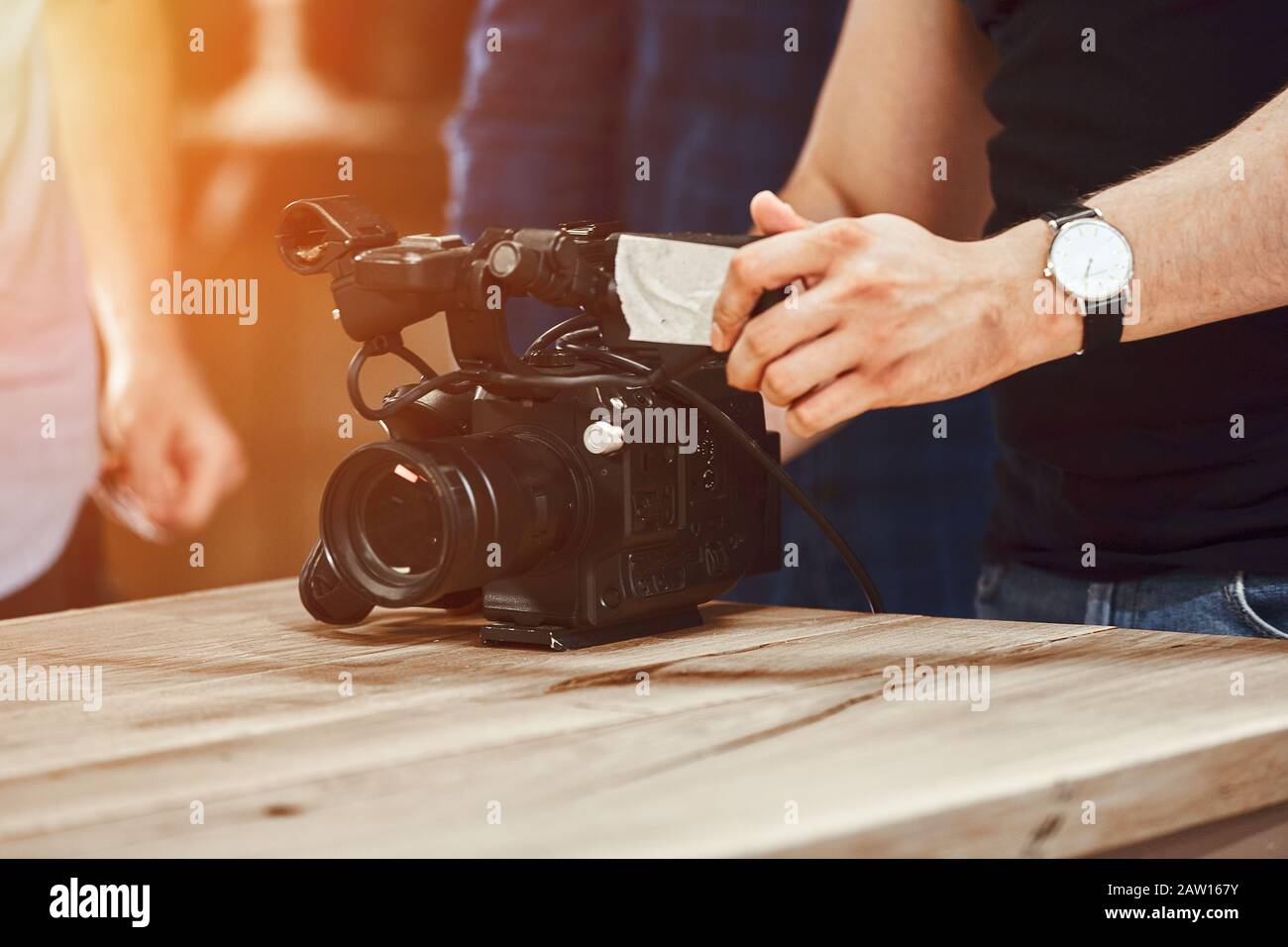 Video production backstage. Behind the scenes of creating video content ...