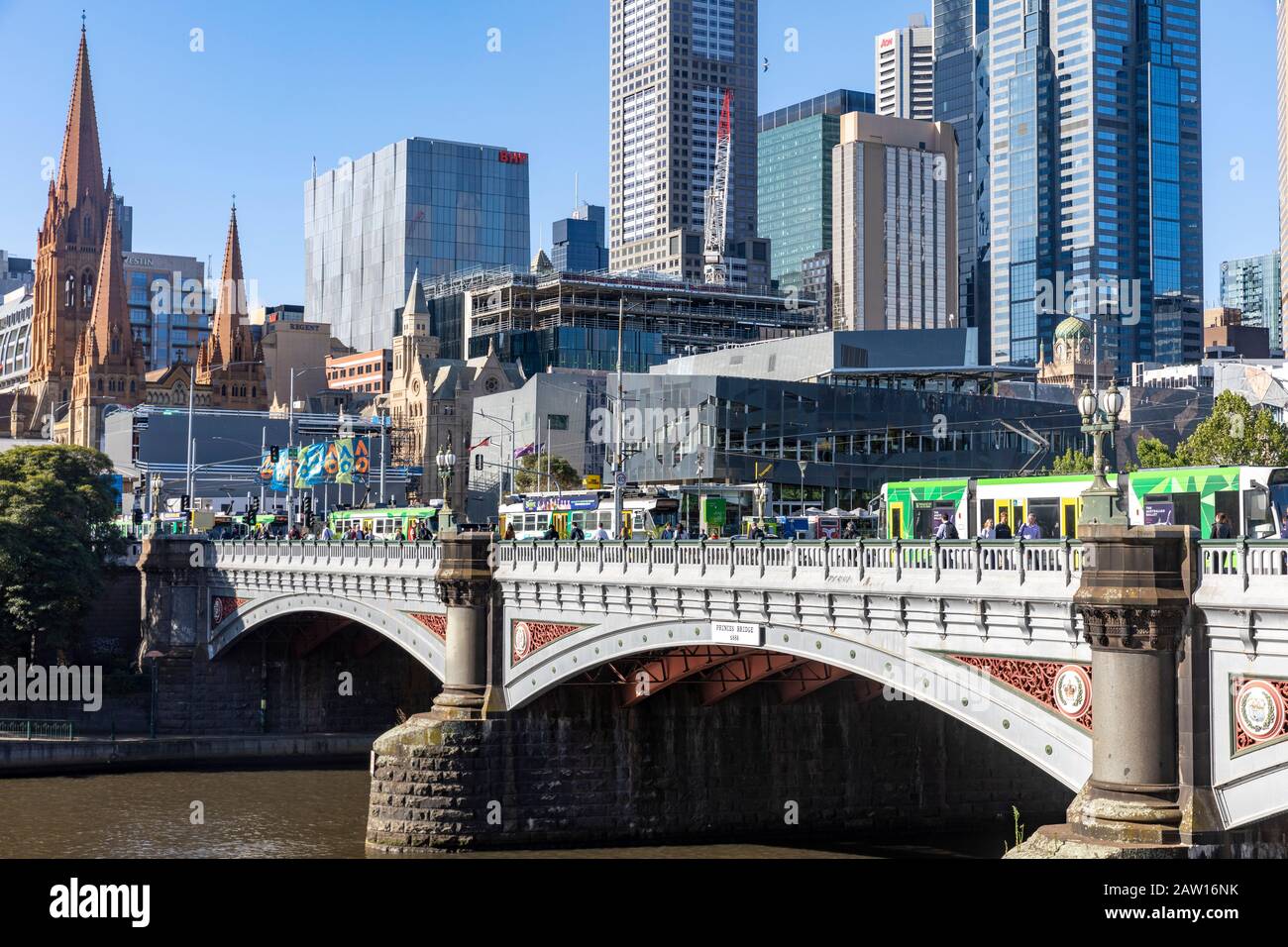 Melbourne tram on Princes bridge over the yarra river in Melbourne city ...