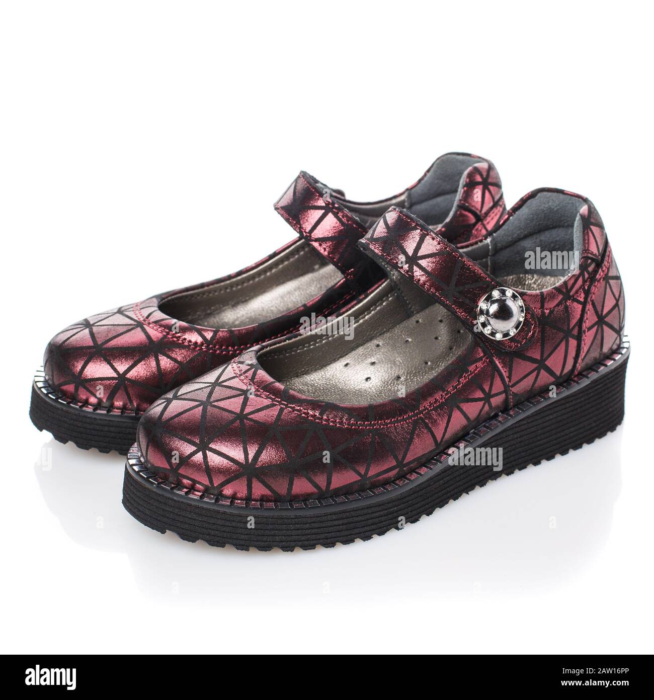 Children's dark red shoes for girls isolated on white. Side view Stock ...