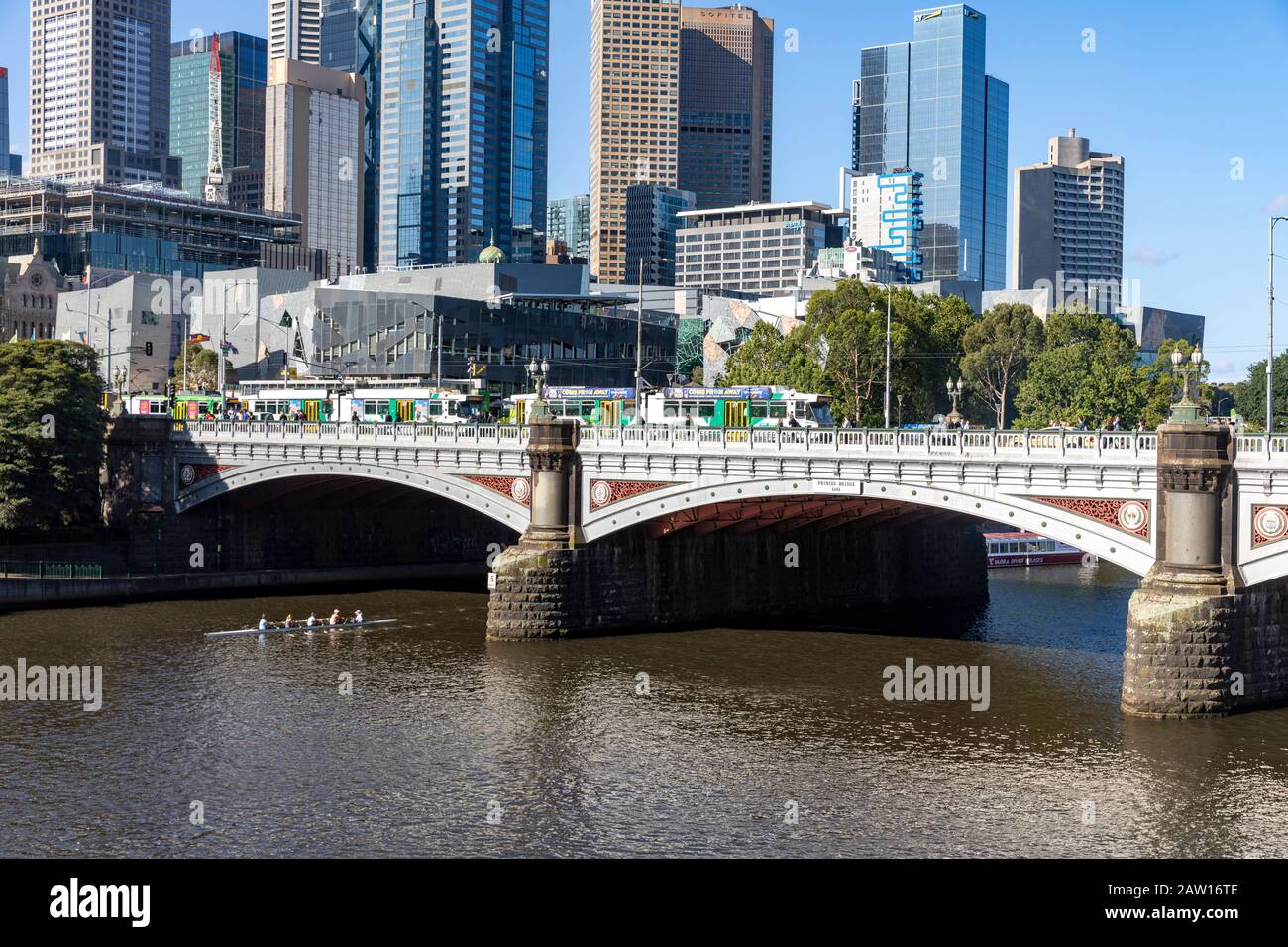 Melbourne Yarra river and city centre, tram train crossing Princes ...