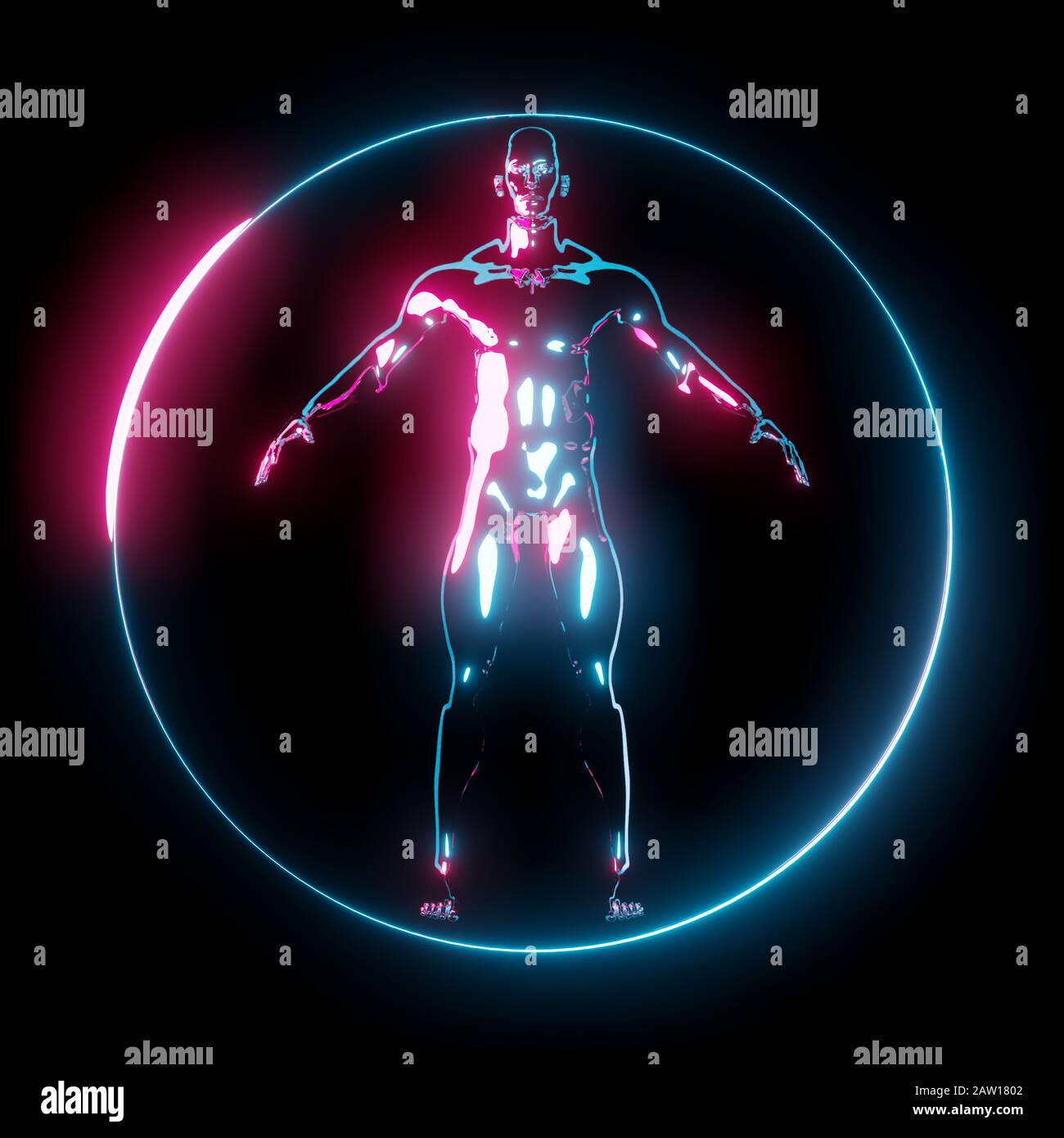 Neon light Vitruvian Man in circle frame on dark background. 3D ...