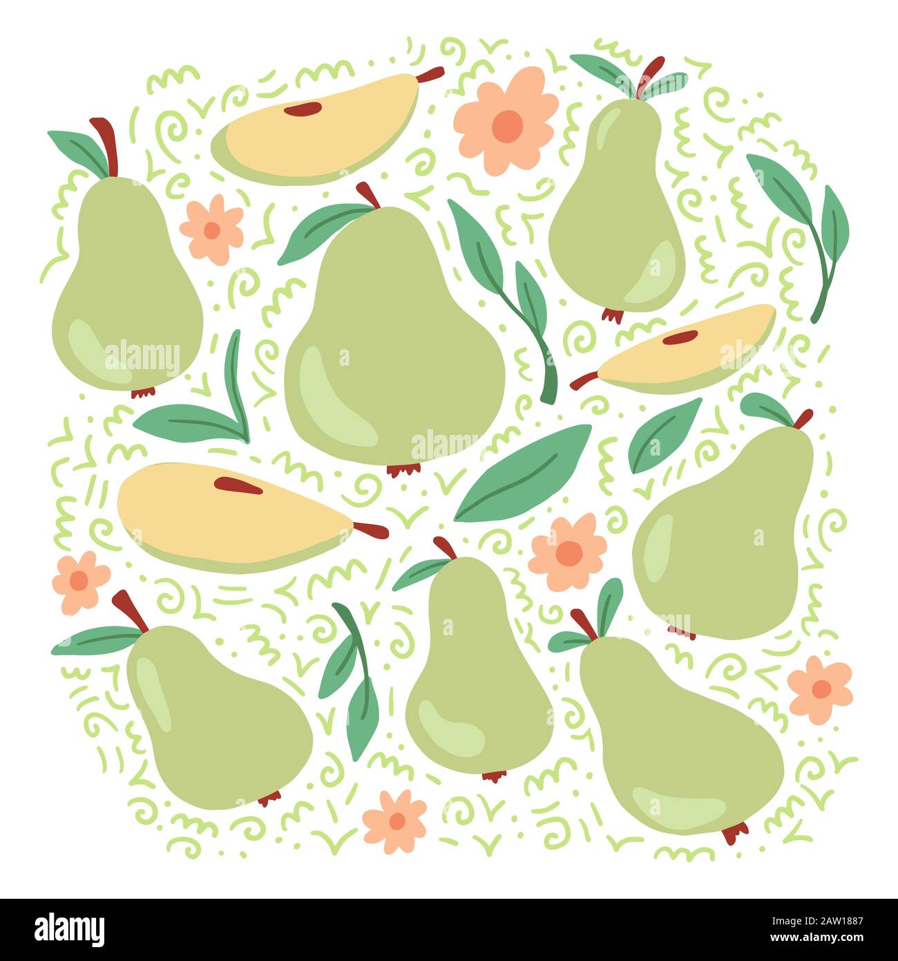 Set of green pear and sliced half pear with leaf and flowers. Cartoon ...