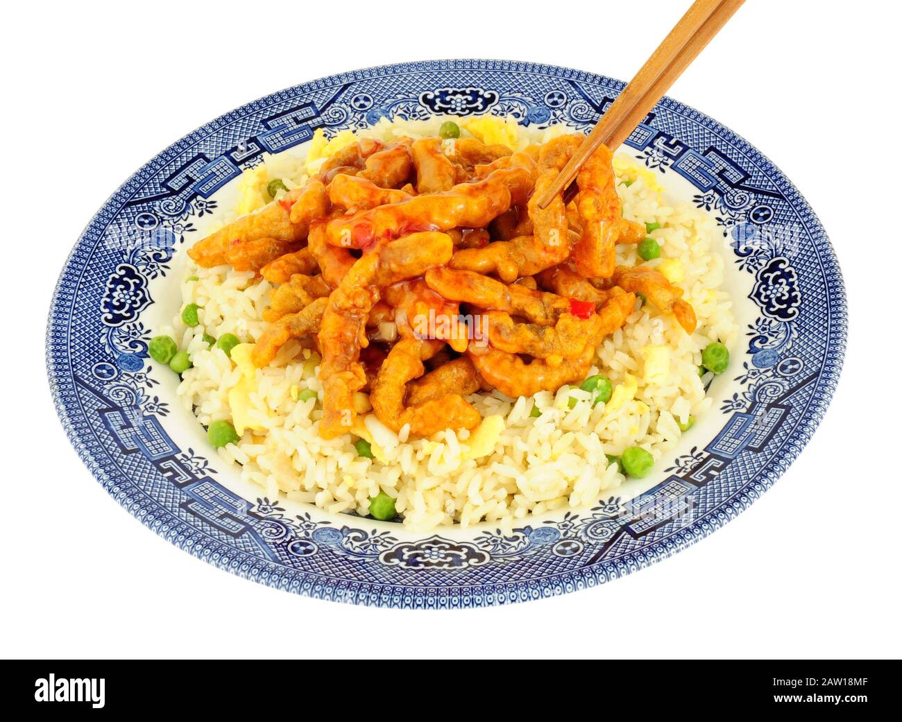 Chinese crispy chilli beef with egg rice isolated on a white background ...