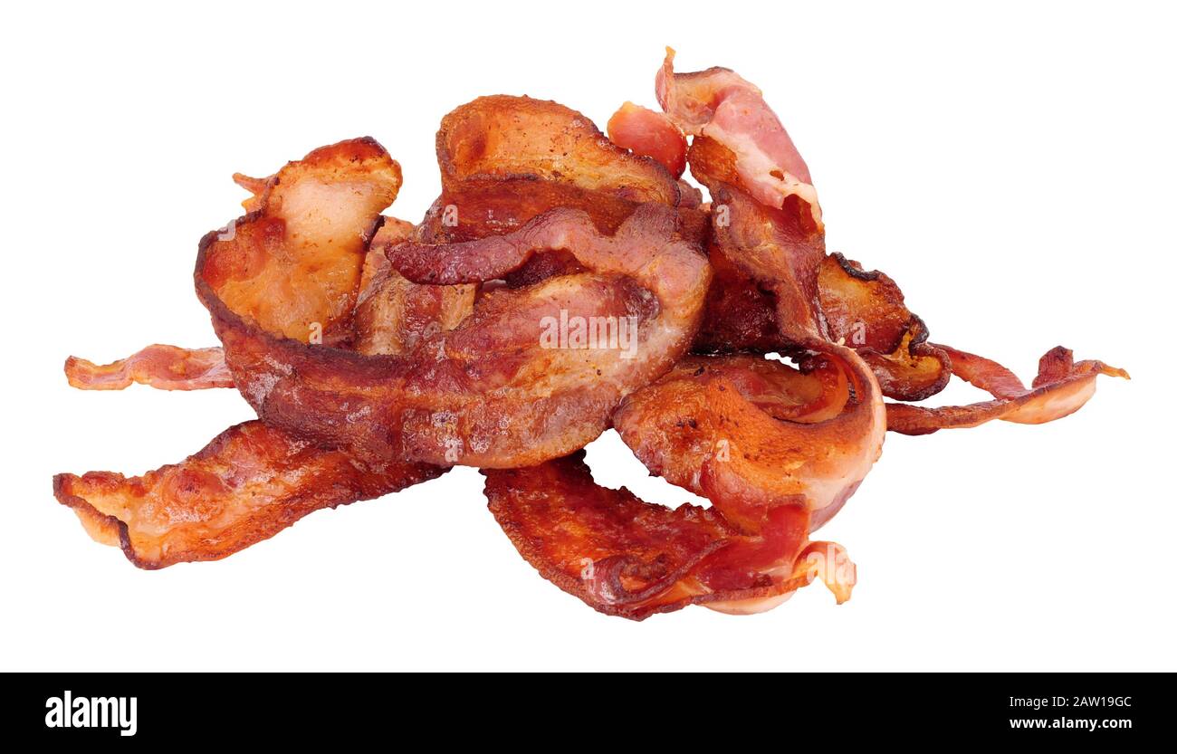 Group of fried crispy streaky bacon rashers isolated on a white ...