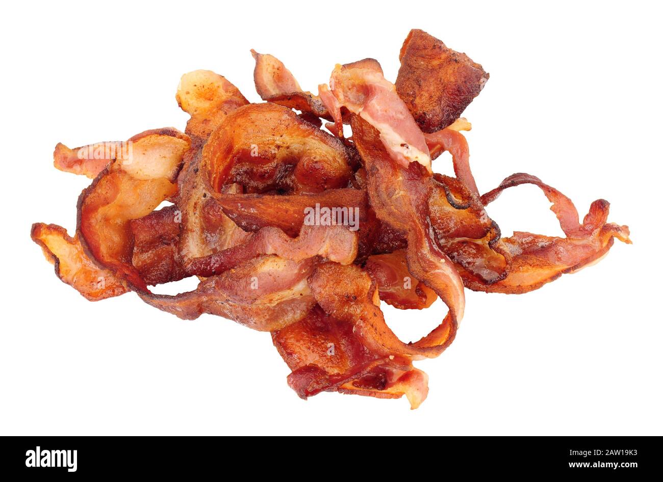 Group of fried crispy streaky bacon rashers isolated on a white ...