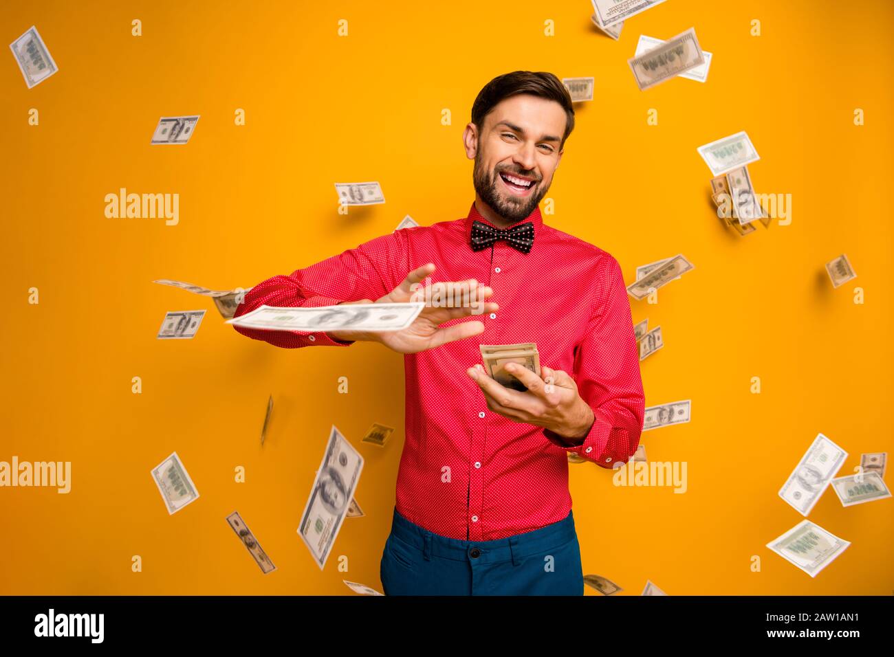 Photo of crazy funny guy hold fan of money bucks waste jackpot throw ...
